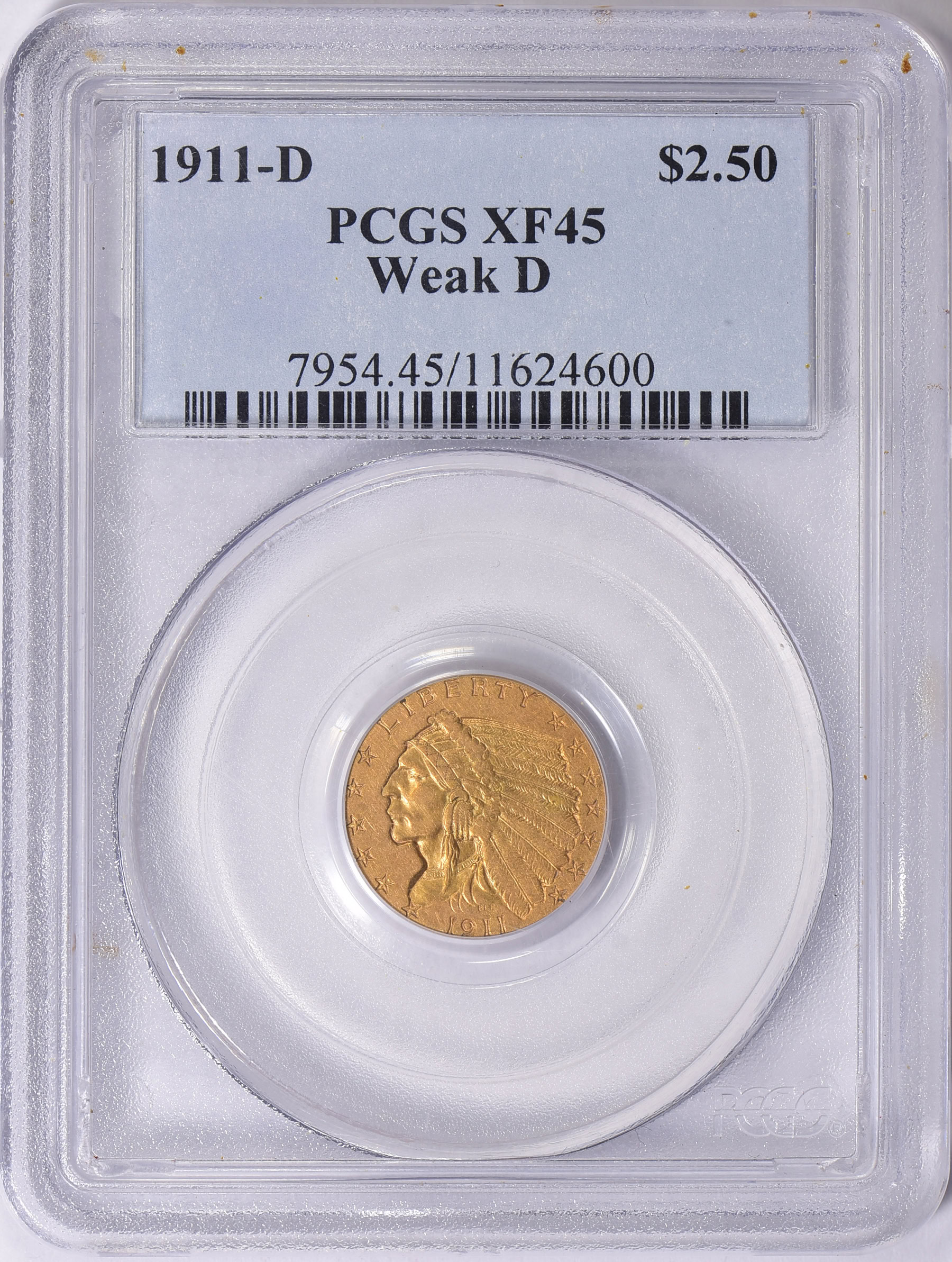 1911-D Indian Gold Quarter Eagle Weak D PCGS XF-45 (Item 1638702) | GreatCollections Coin Auctions