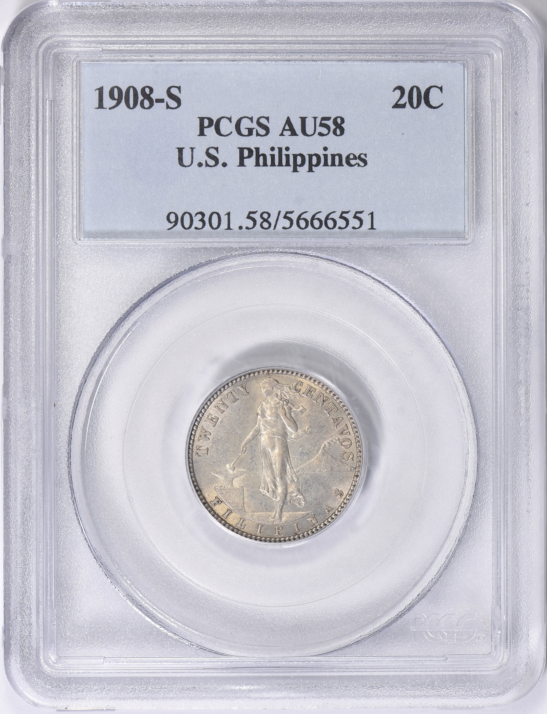 1908-S U.S. Philippines Twenty Centavos PCGS AU-58 (Item 1639088 ...