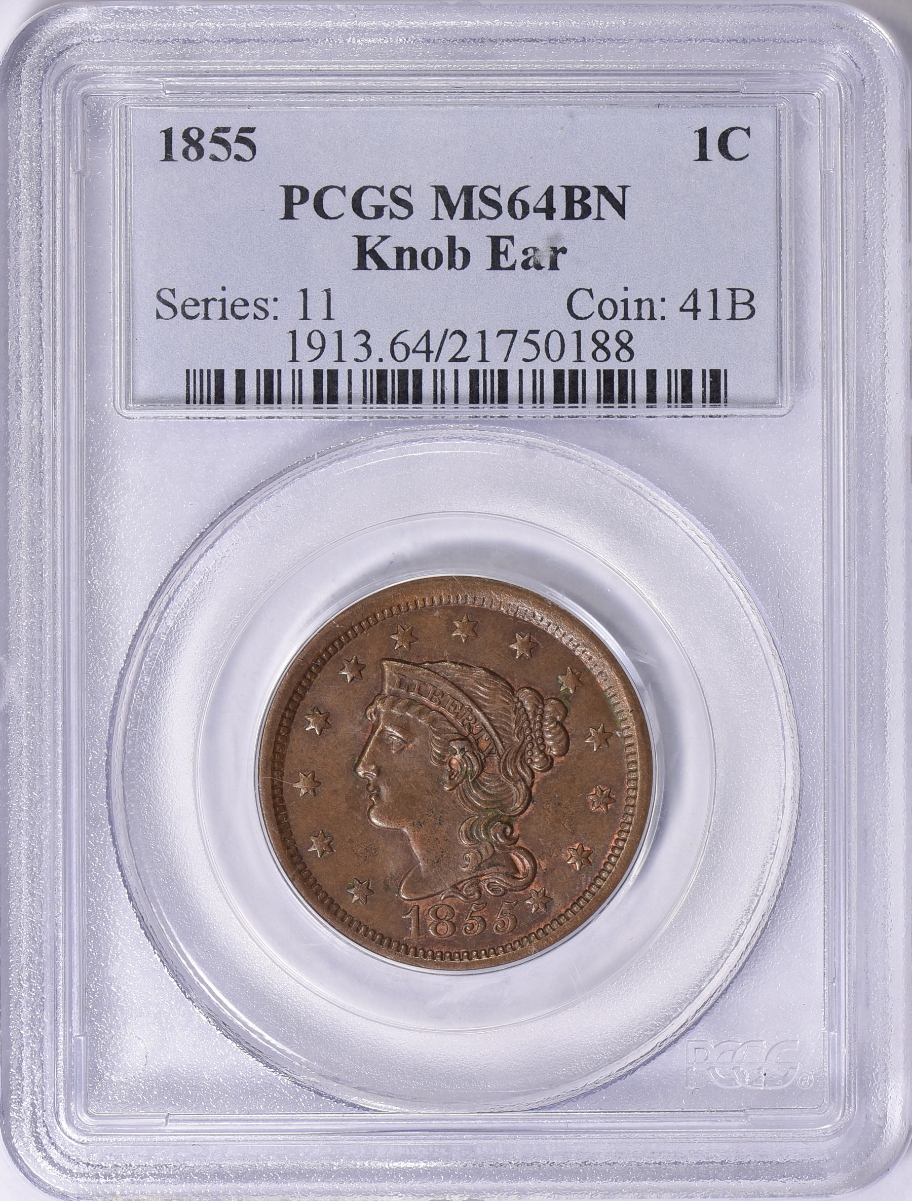 1855 Braided Hair Cent Knob on Ear PCGS MS-64 BN (Item 1639308) | GreatCollections Coin Auctions