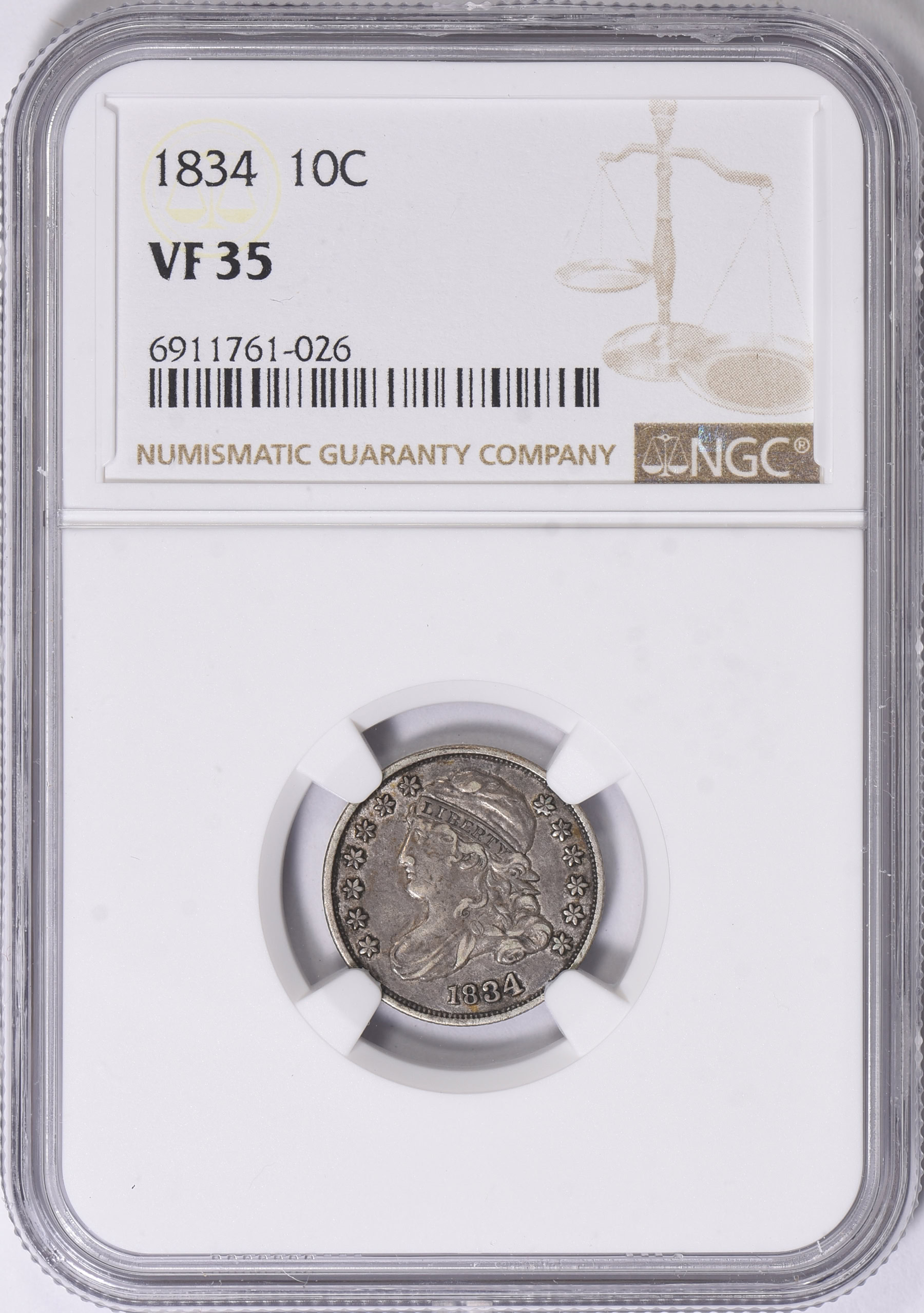 1834 Capped Bust Dime Large 4 NGC VF-35 (Item 1639371) | GreatCollections Coin Auctions