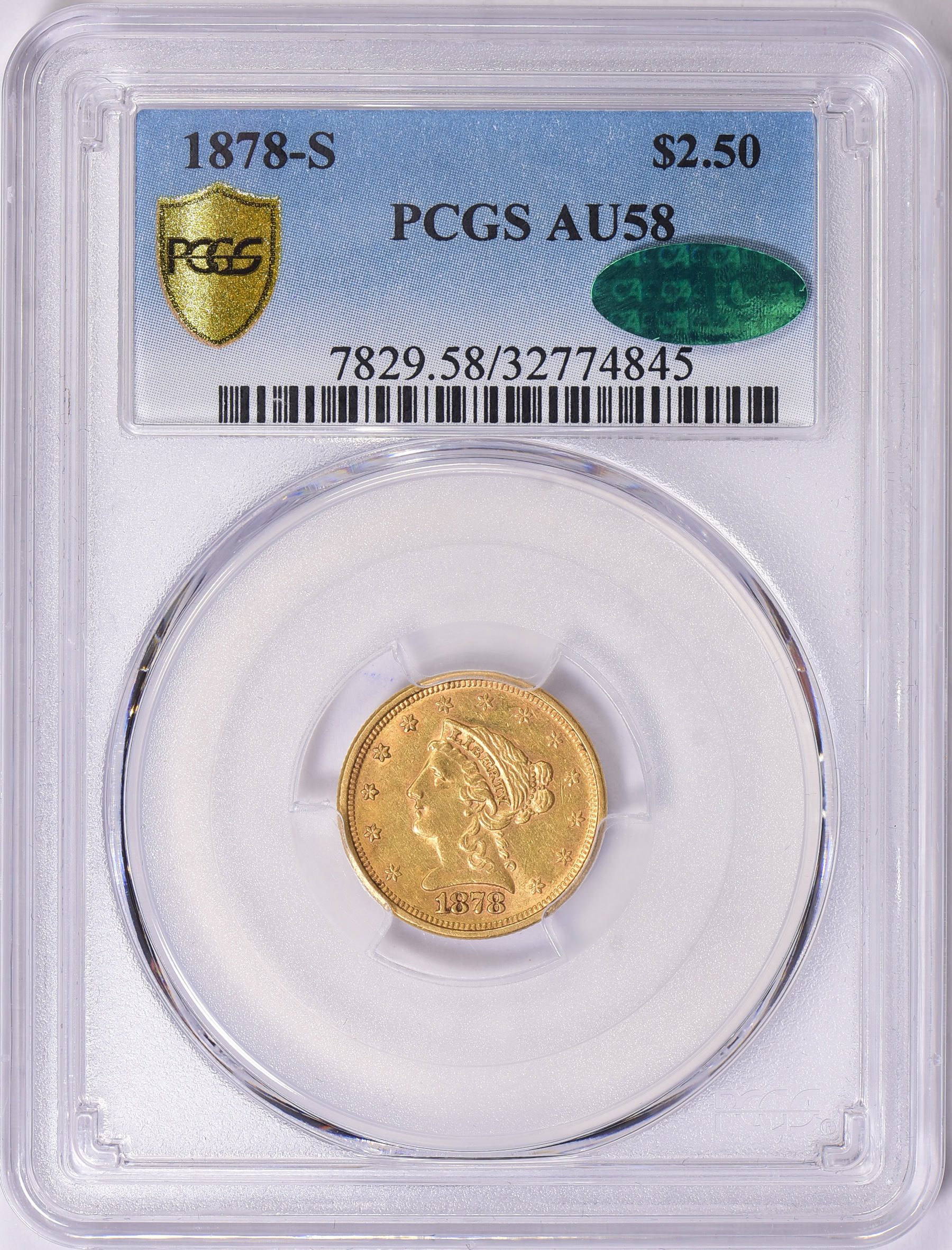 1878-S Liberty Gold Quarter Eagle PCGS AU-58 (CAC Green) (Item 1639542) | GreatCollections Coin ...