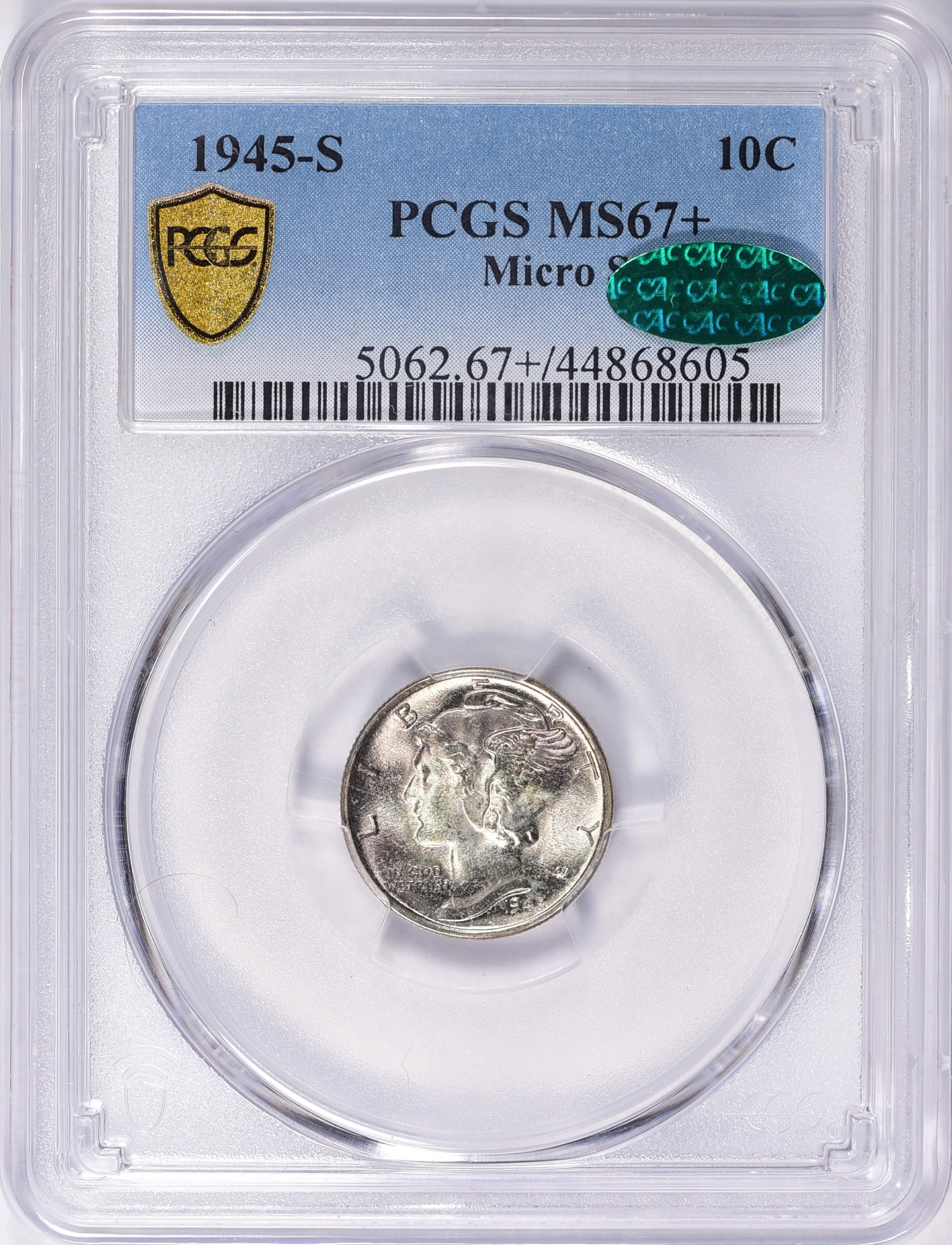 1945-S Mercury Dime Micro S PCGS MS-67+ (CAC Green) (Toned) (Item 1639837) | GreatCollections ...