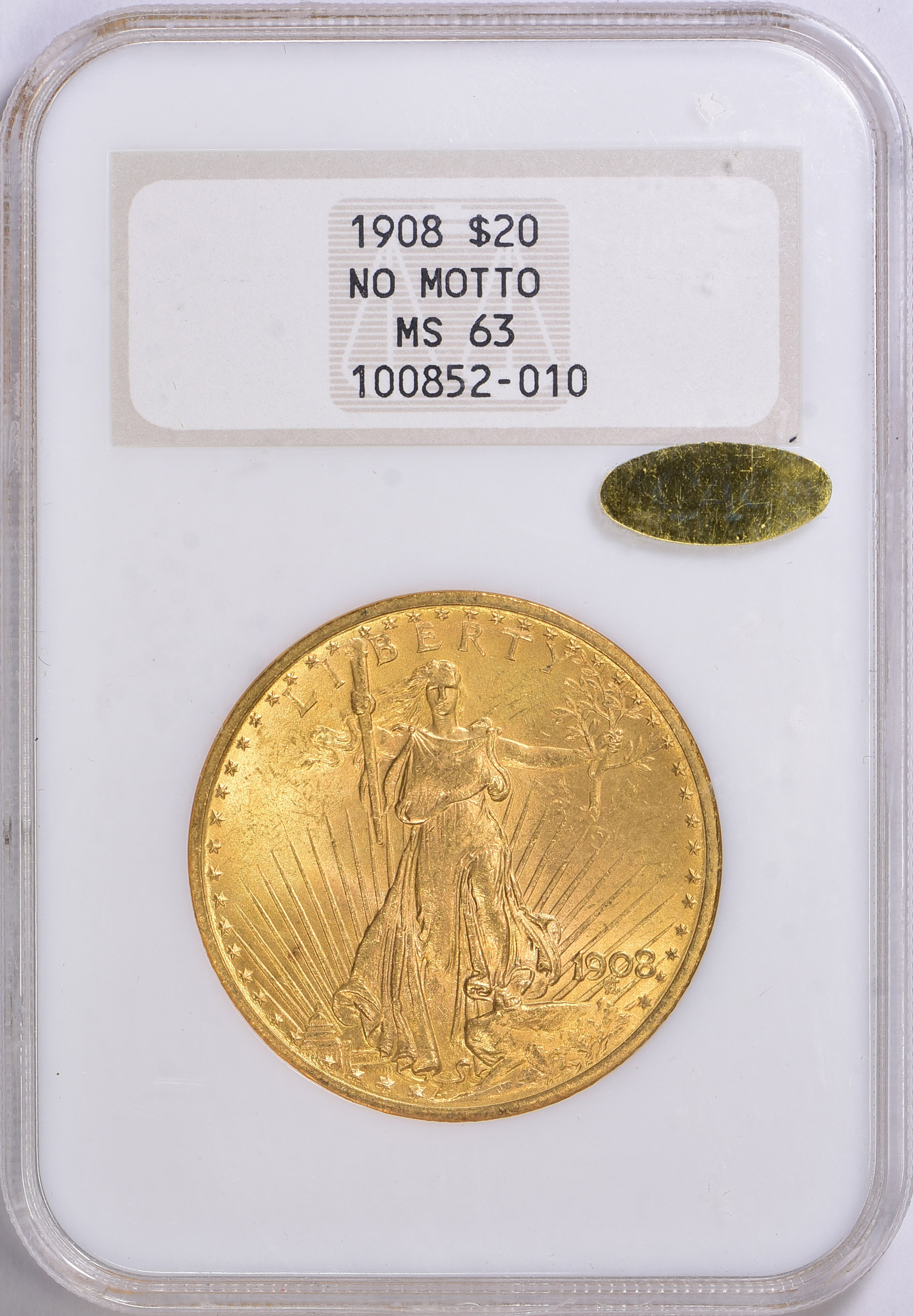 1908 Saint-Gaudens Gold Double Eagle No Motto NGC MS-63 (CAC Gold) OH ...