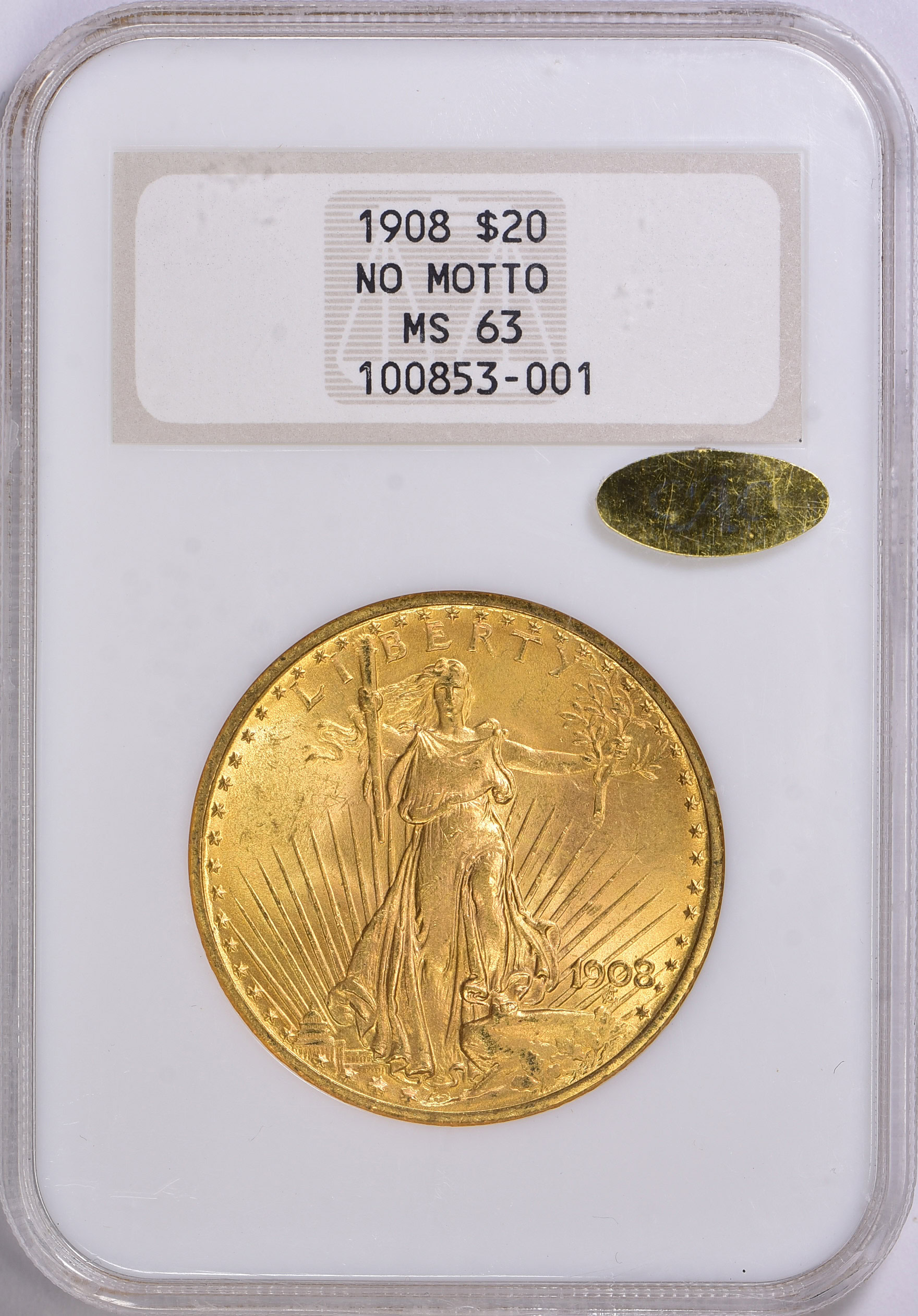 1908 Saint-Gaudens Gold Double Eagle No Motto NGC MS-63 (CAC Gold ...