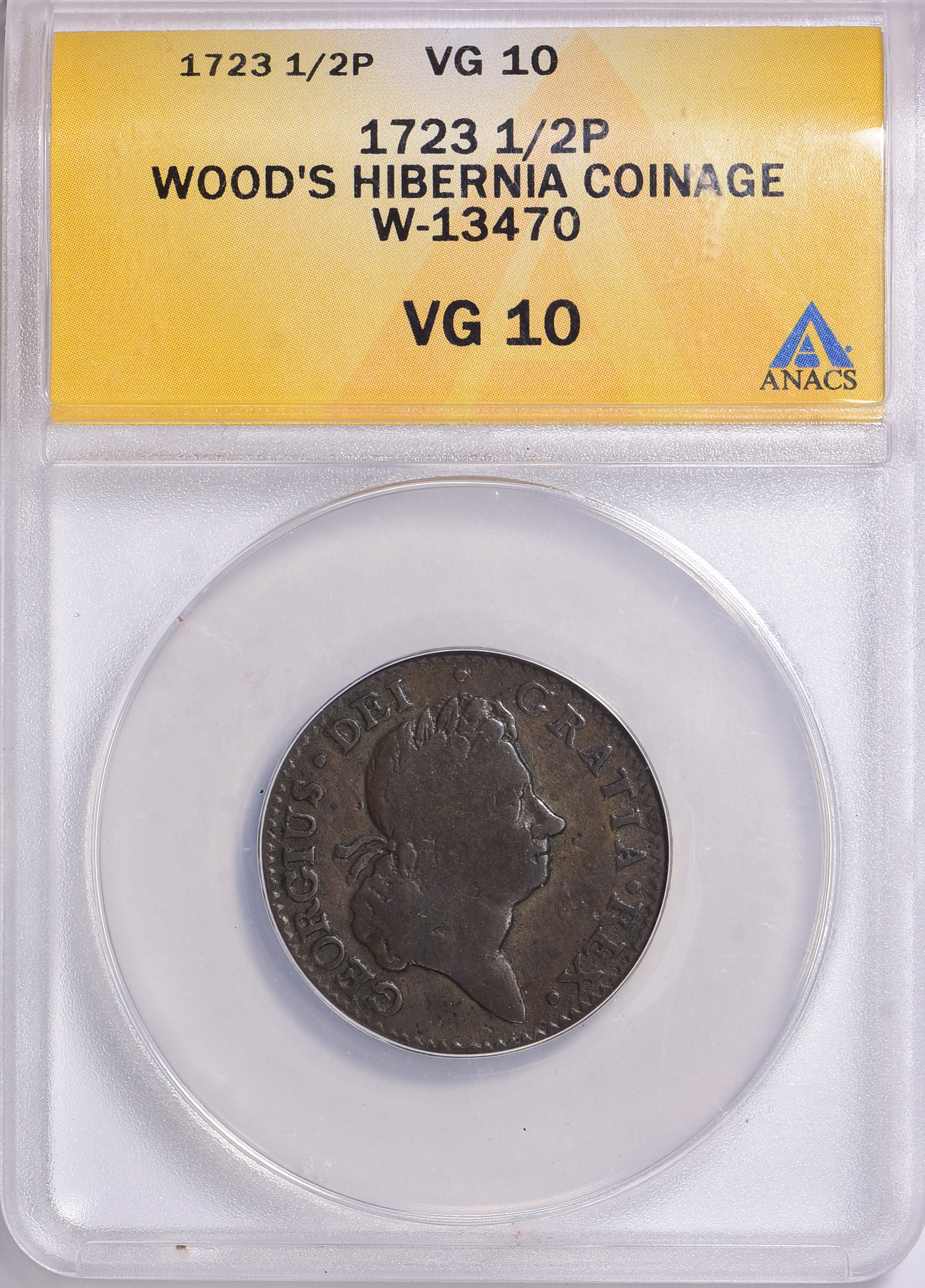1723 Woods Hibernia Halfpence W-13470 ANACS VG-10 BN (Item 1640250) | GreatCollections Coin Auctions