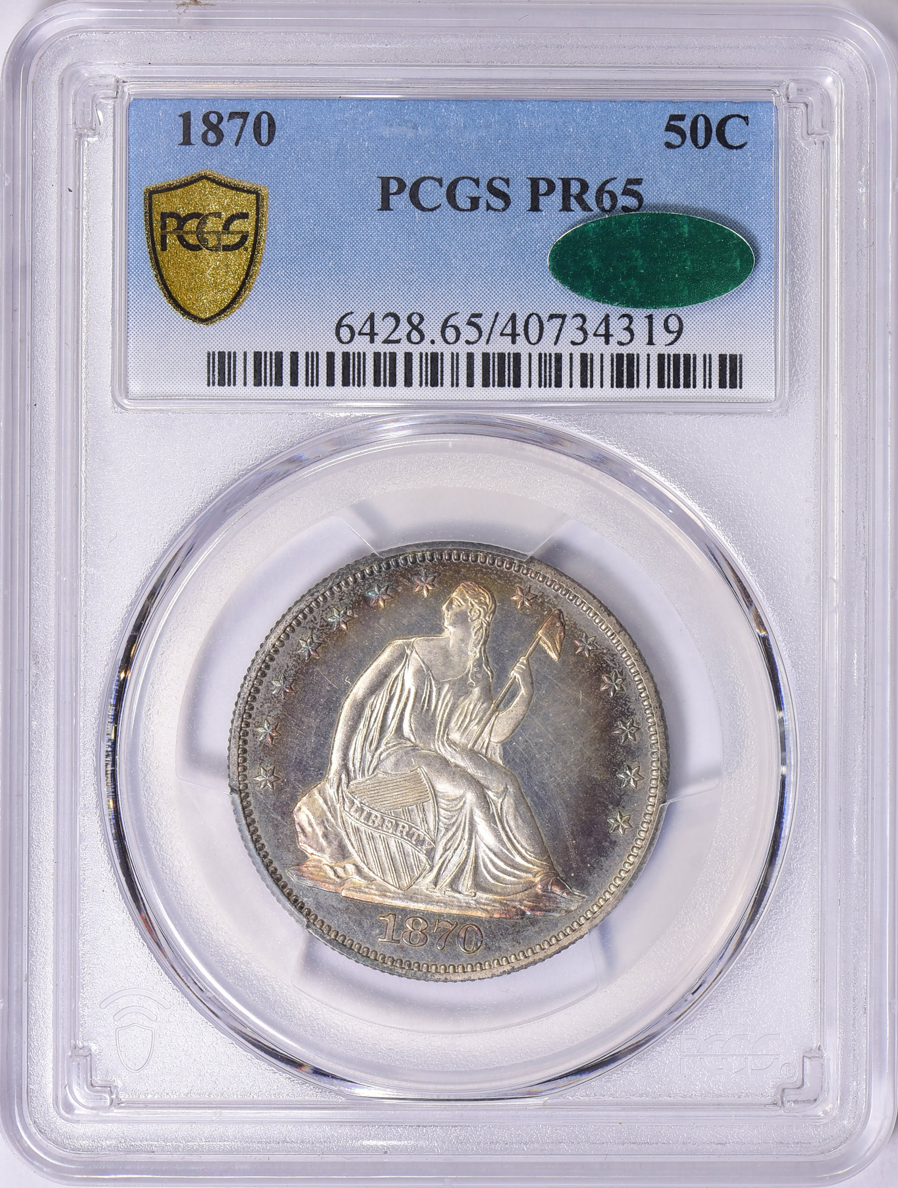 1870 Seated Liberty Half Dollar PCGS Proof-65 (CAC Green) (Toned) (Item 1642635 ...