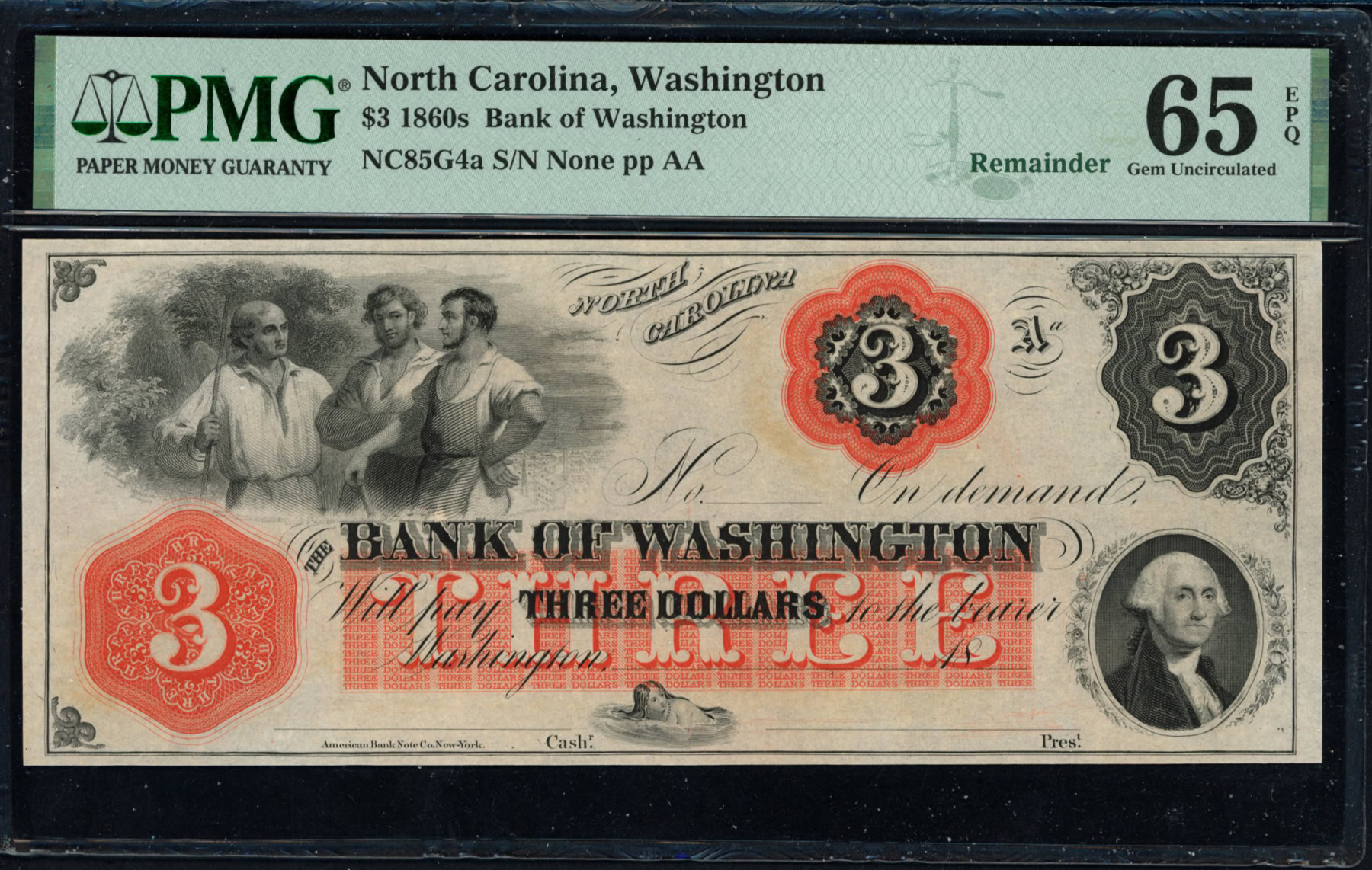 1860s Washington, North Carolina Bank of Washington $3 Remainder Note ...