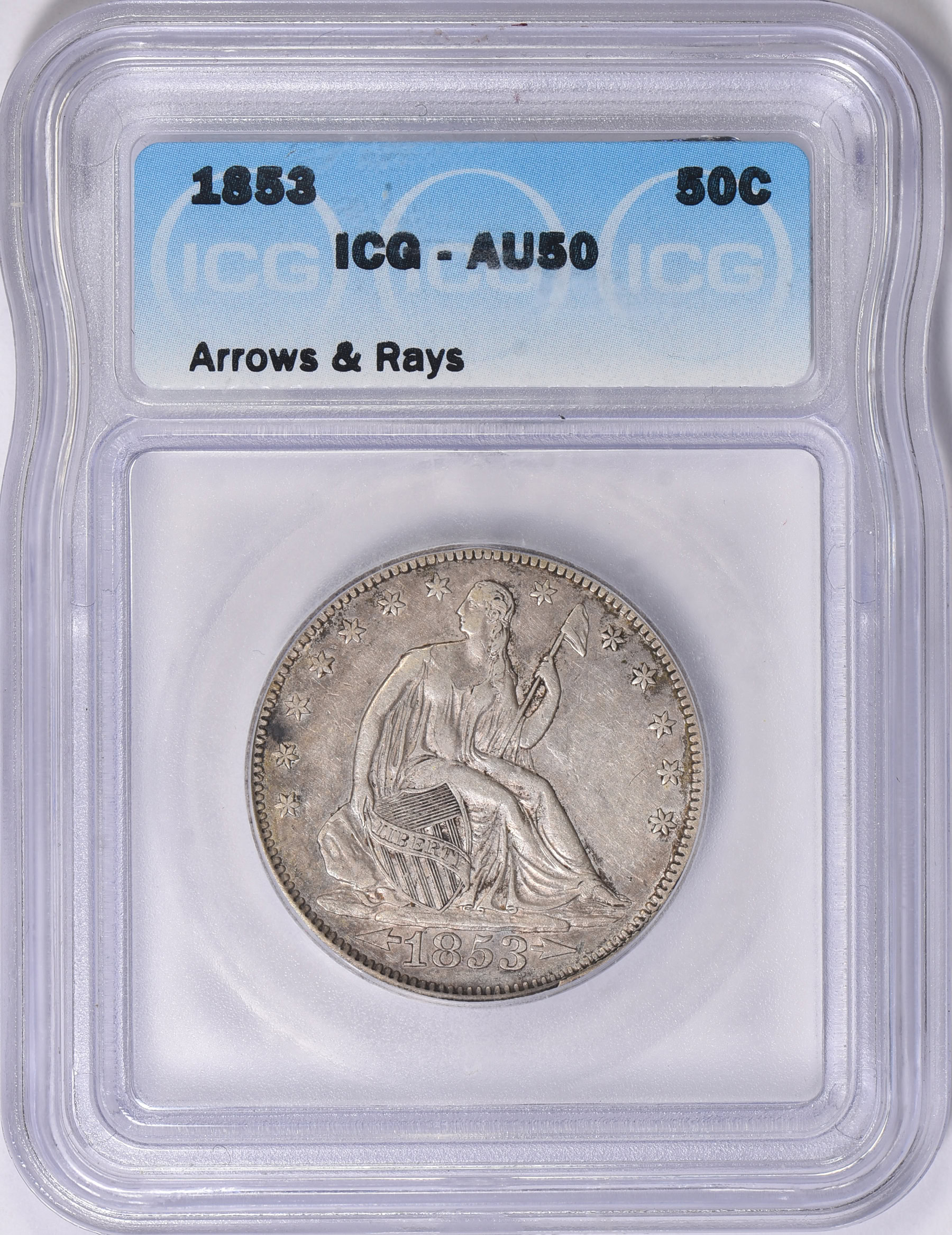 1853 Seated Liberty Half Dollar Arrows and Rays ICG AU-50 (Toned) (Item 1643060 ...
