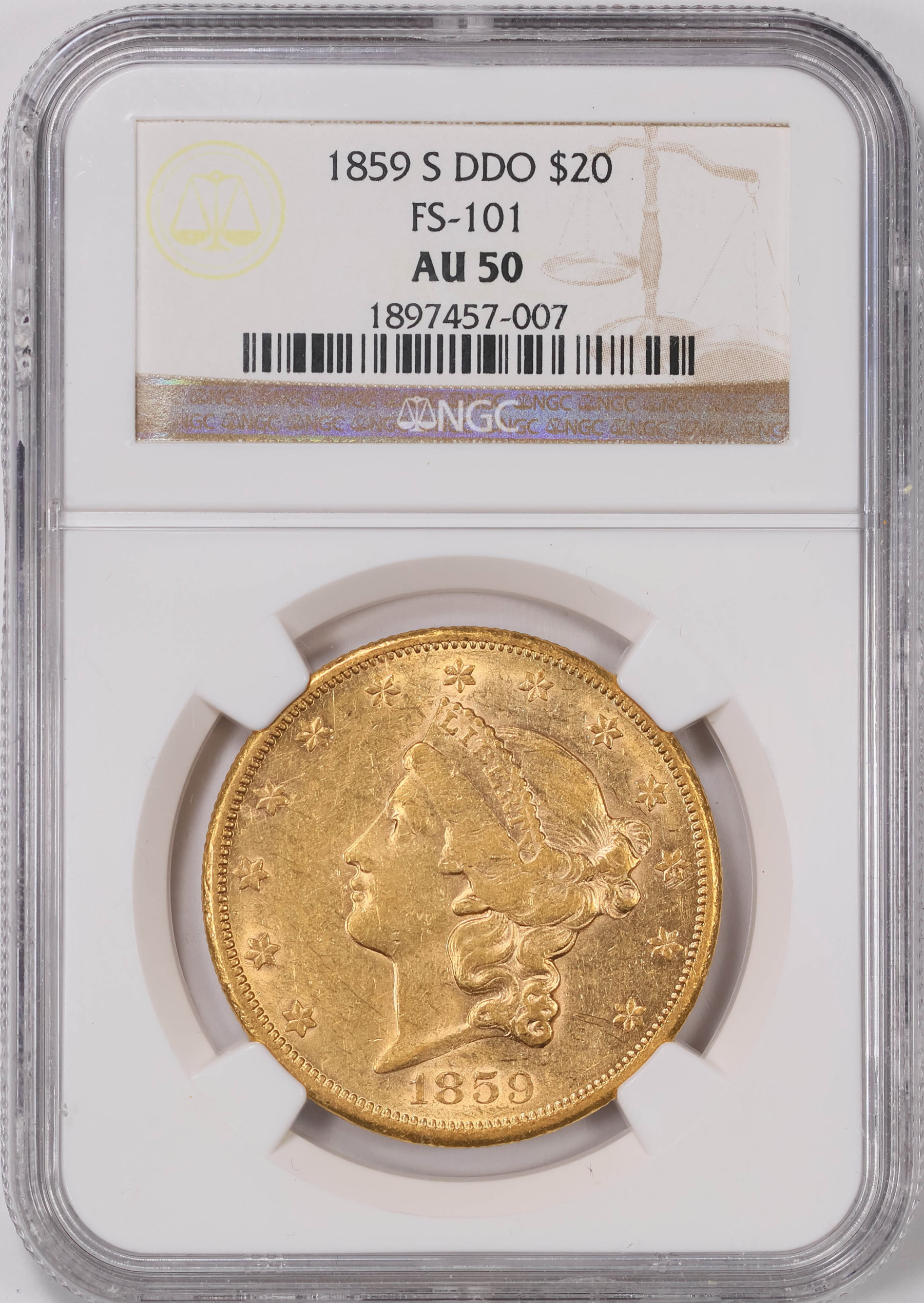 1859-S Liberty Gold Double Eagle DDO FS-101 NGC AU-50 (Item 1644161) | GreatCollections Coin ...