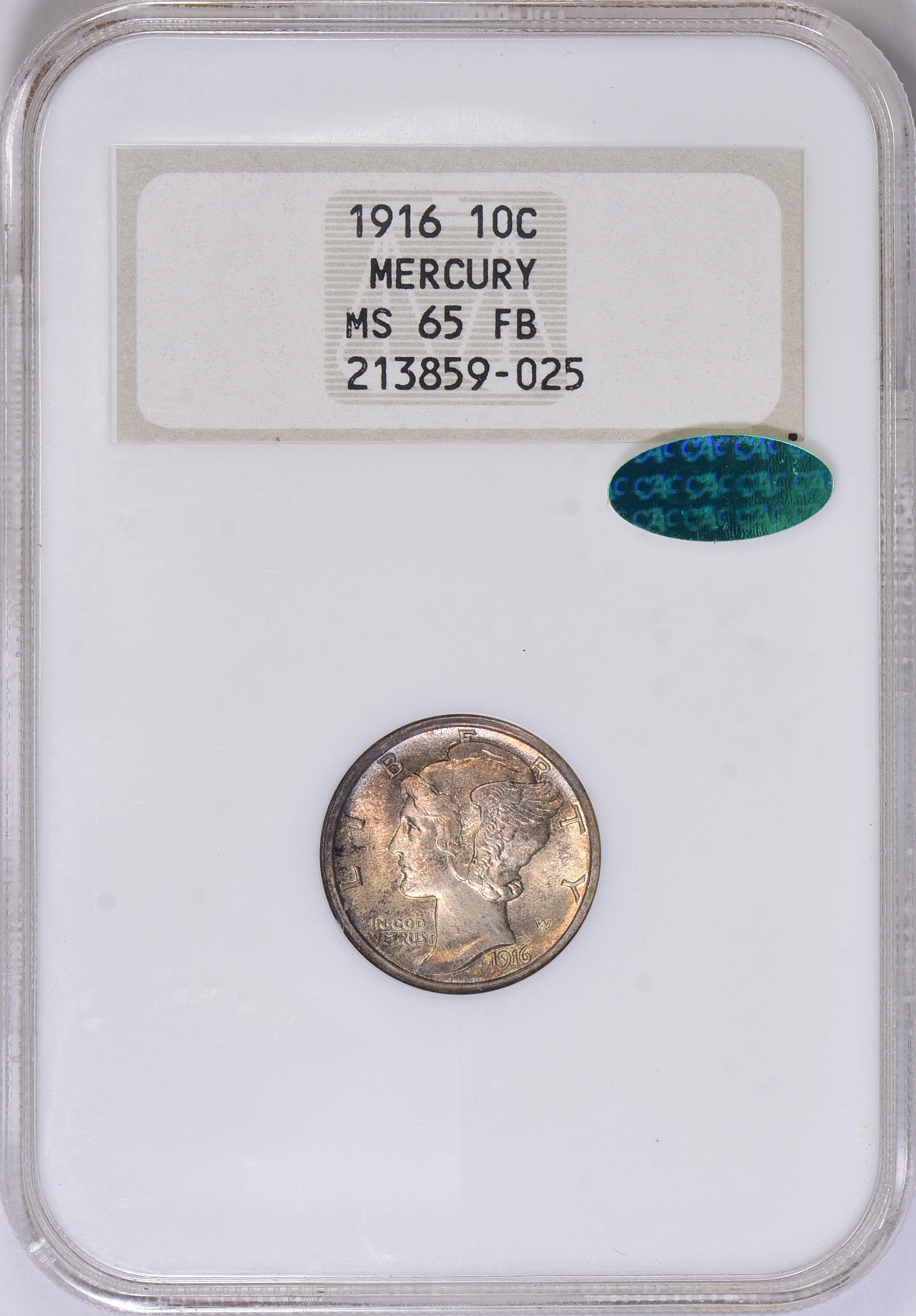 1916 Mercury Dime NGC MS-65 FB (CAC Green) OH (Toned) (Item 1651410) | GreatCollections Coin ...