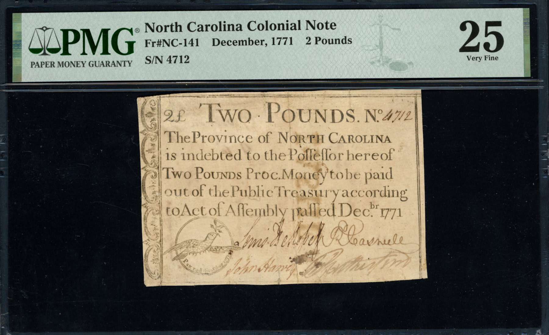 Fr. NC-141 Dec., 1771 2 Pound North Carolina Colonial Note PMG Very ...