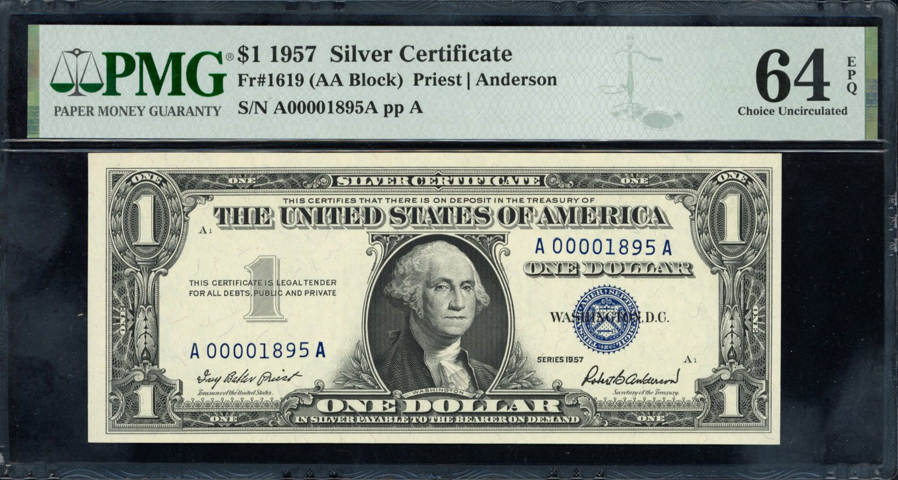 Fr. 1619 (AA Block) 1957 $1 Silver Certificate Note Low Serial Number ...
