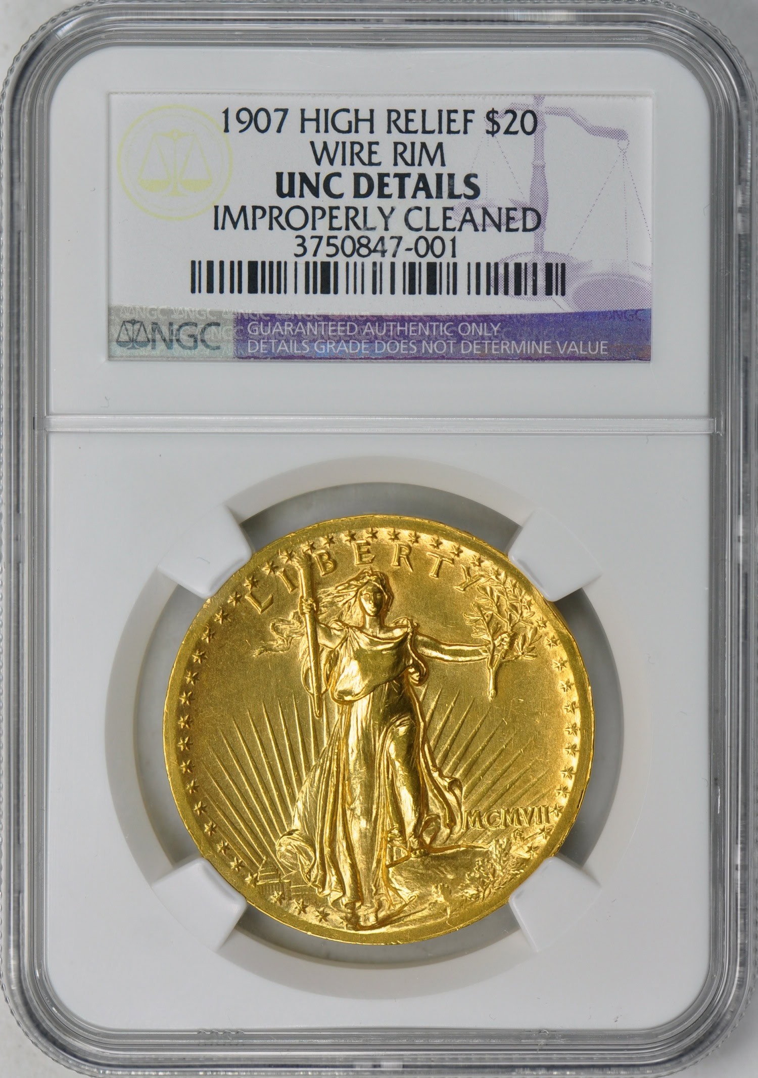 1907 Saint-Gaudens Gold Double Eagle MCMVII. High Relief, Wire Edge NGC Unc Details (Item 179118 ...