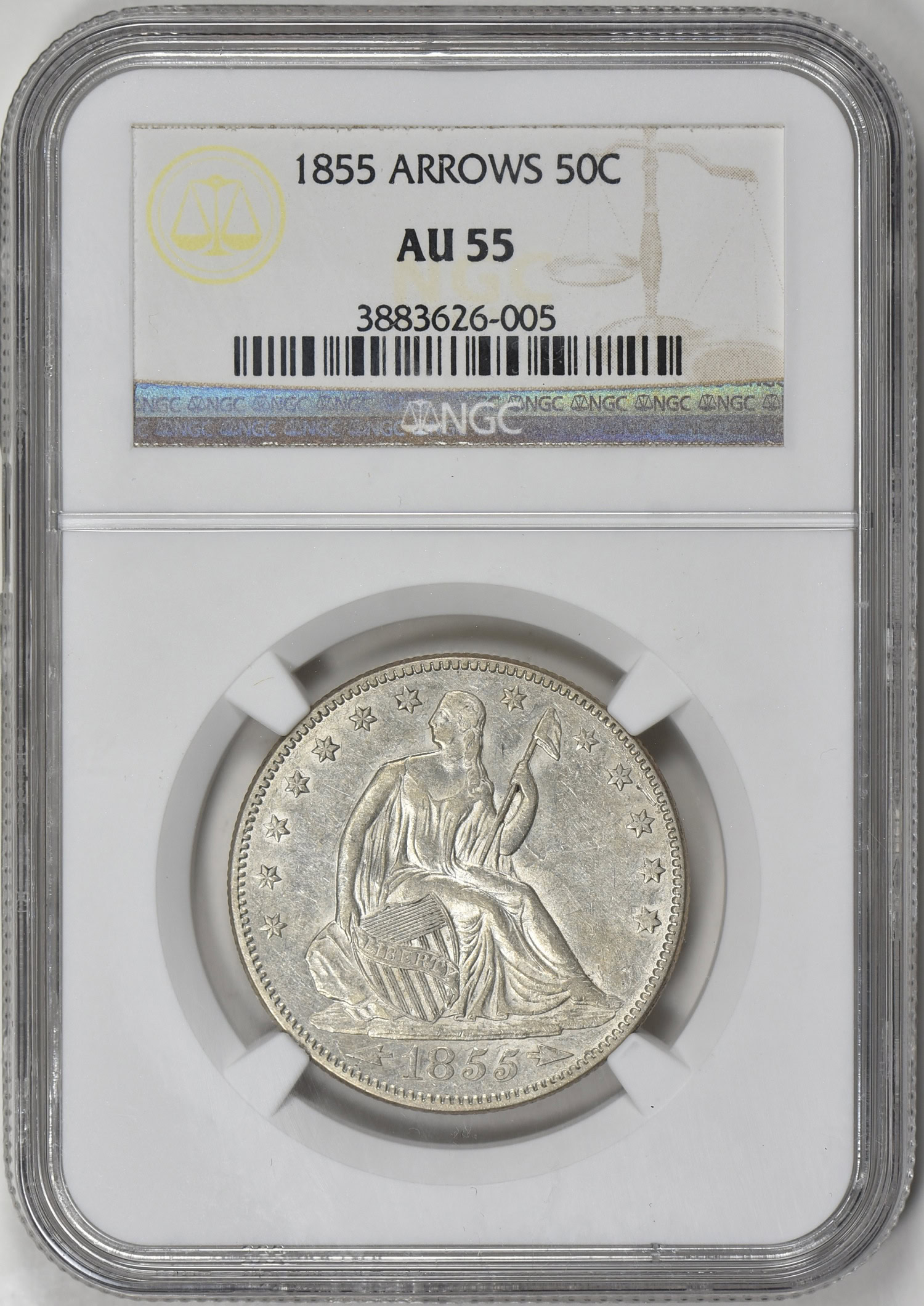 1855 Seated Liberty Half Dollar Arrows NGC AU-55 (Item 389768) | GreatCollections Coin Auctions