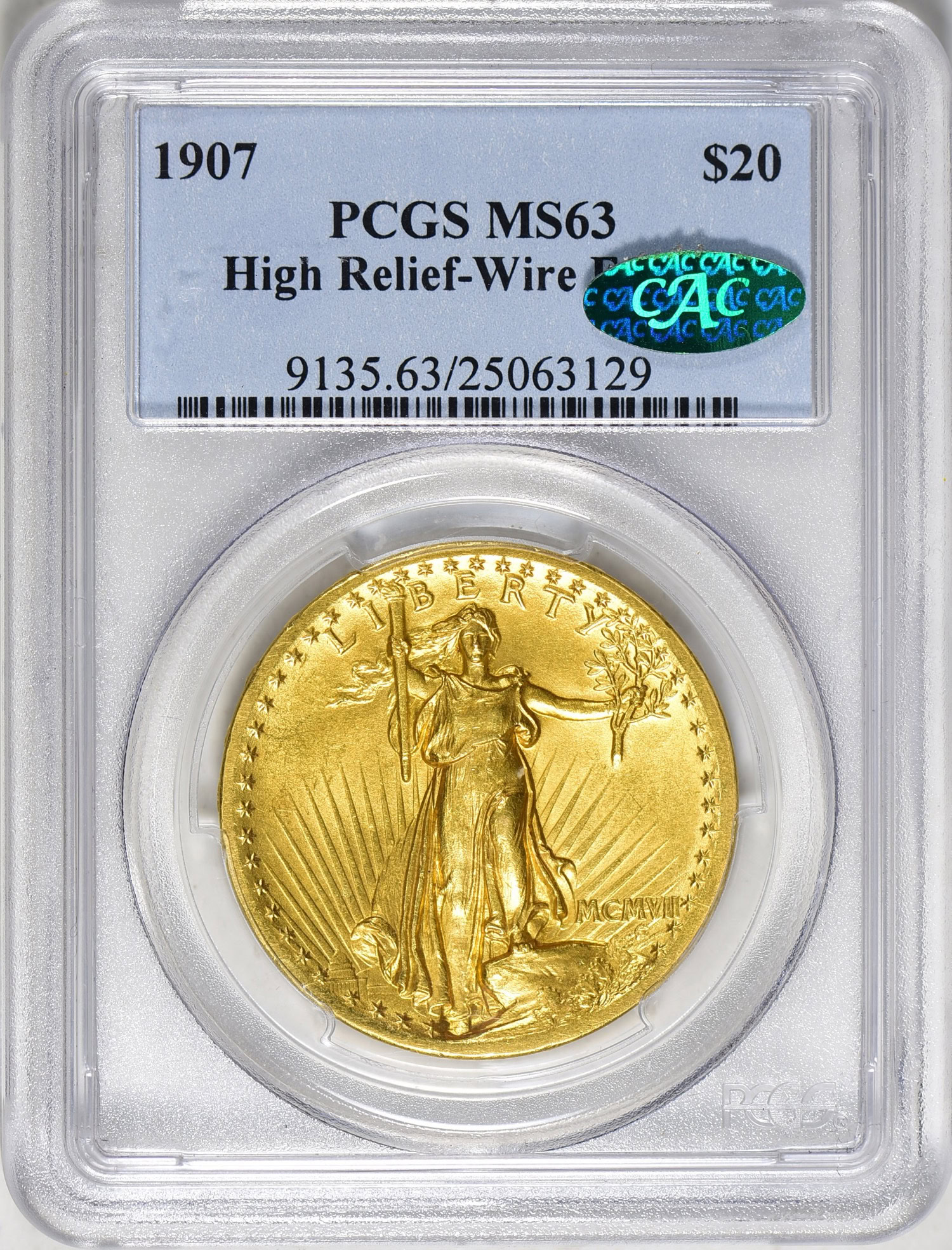 1907 Saint-Gaudens Gold Double Eagle MCMVII. High Relief, Wire Edge PCGS MS-63 (CAC Green) (Item ...