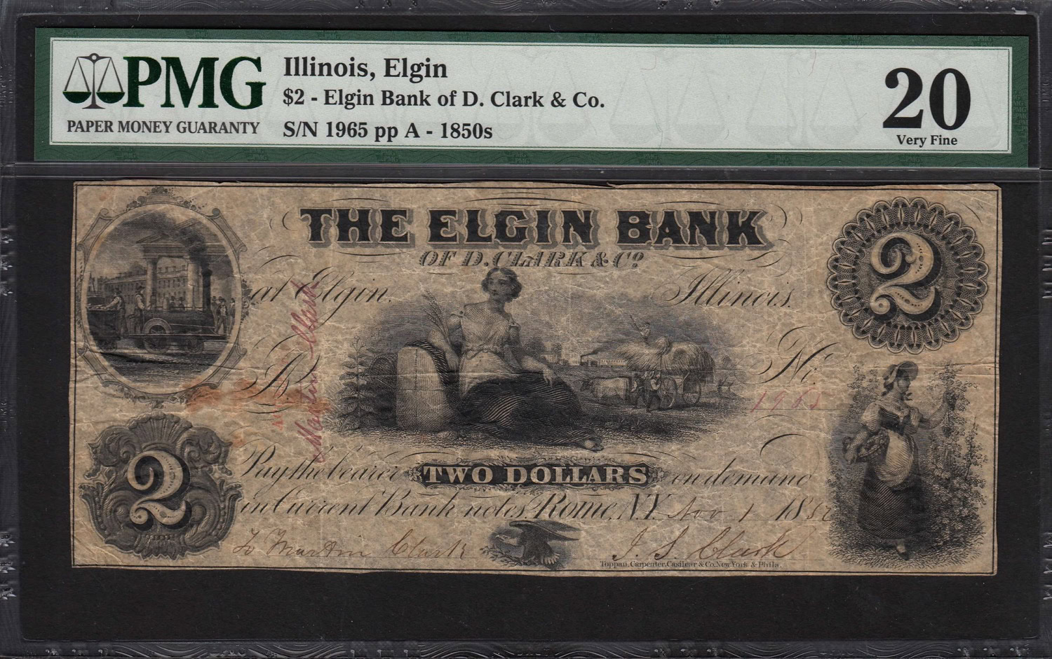 Nov. 1, 1852 Elgin, Illinois The Elgin Bank of D. Clark & Co. $2 Note ...