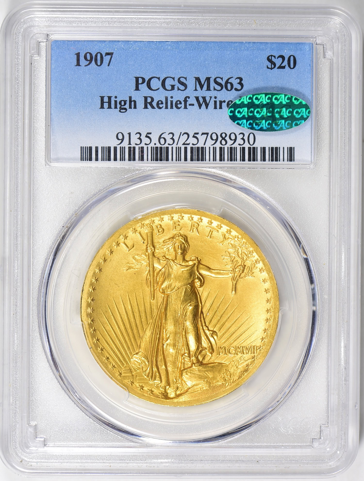 1907 Saint-Gaudens Gold Double Eagle MCMVII. High Relief, Wire Edge PCGS MS-63 (CAC Green) (Item ...