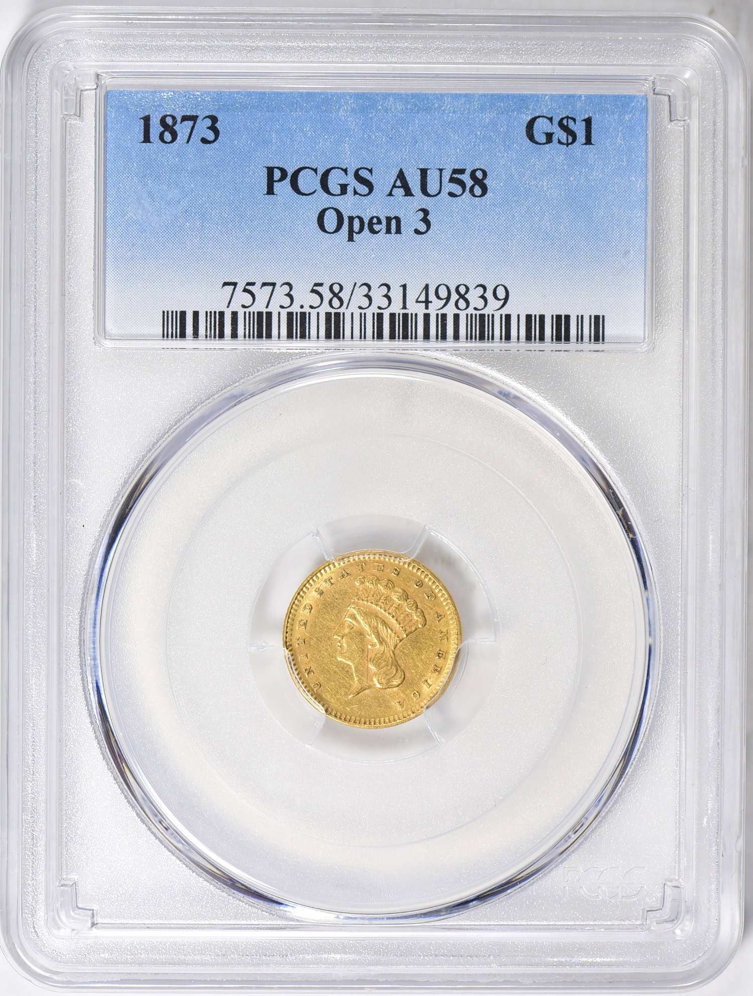 1873 Indian Princess Gold Dollar Open 3 PCGS AU-58 (Item 714154) | GreatCollections Coin Auctions
