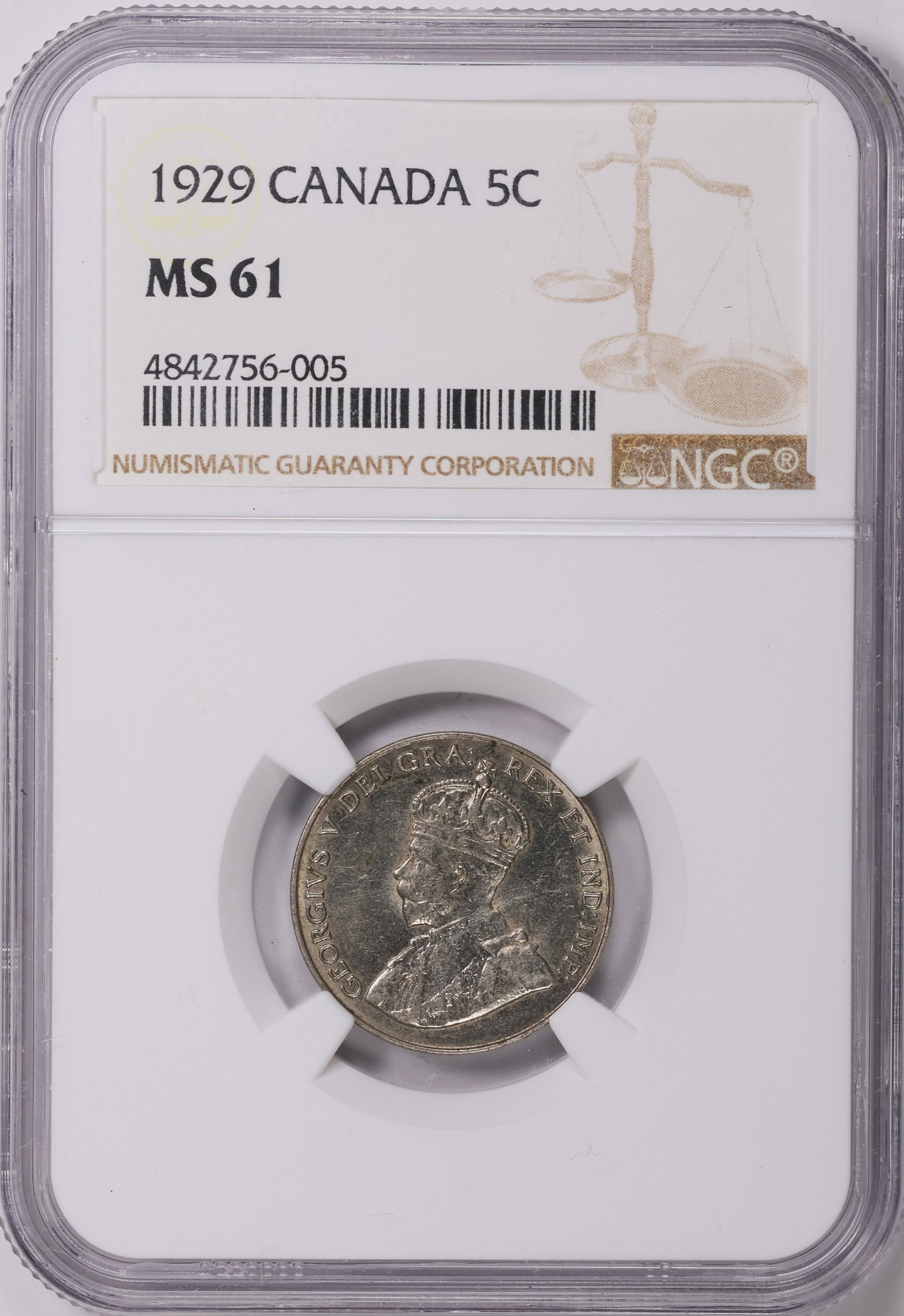 Canada 1929 5 Cents KM-29 NGC MS-61 (Item 757700) | GreatCollections Coin Auctions