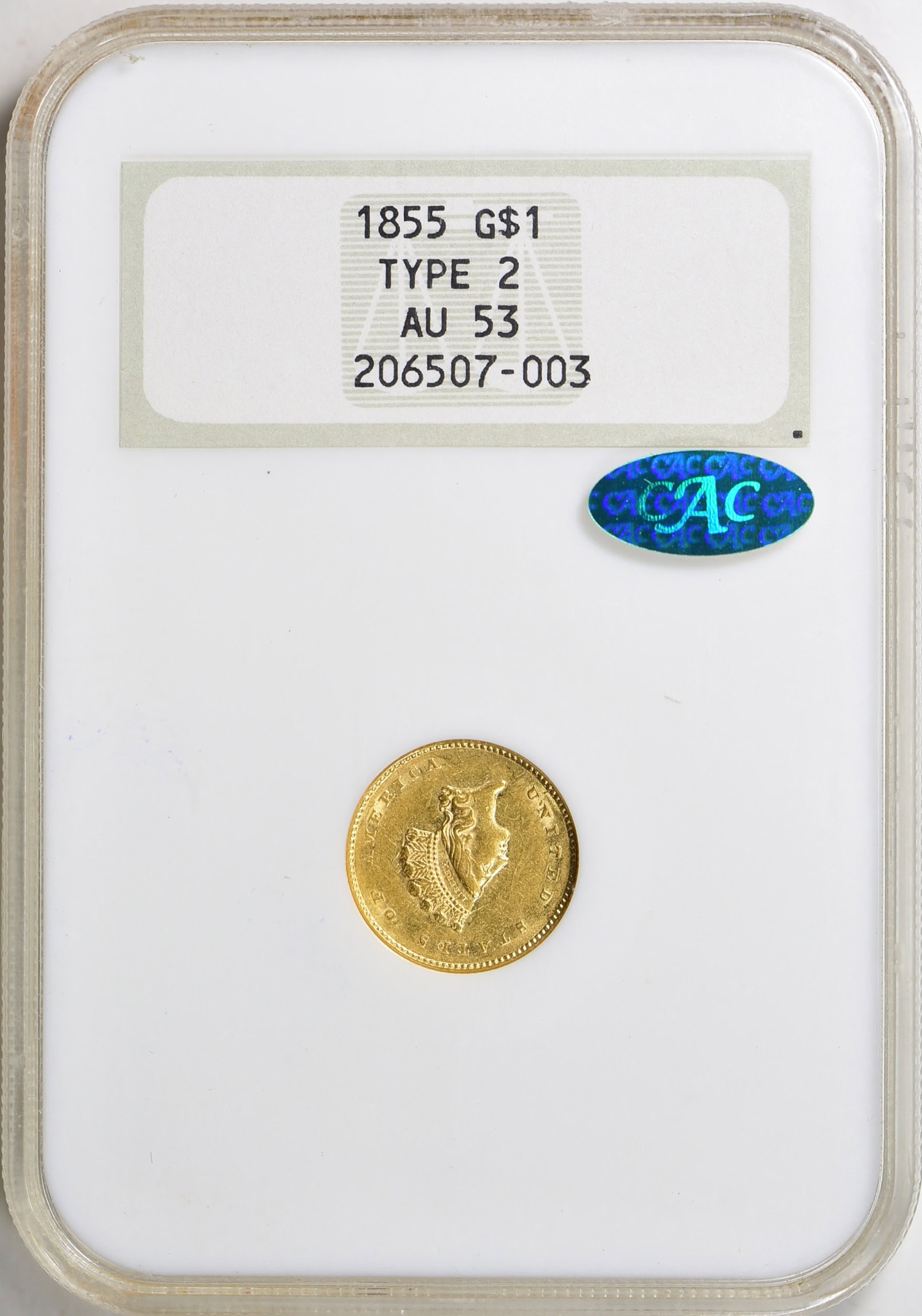 1855 Indian Princess Gold Dollar NGC AU-53 (CAC Green) OH (Item 772474) | GreatCollections Coin ...