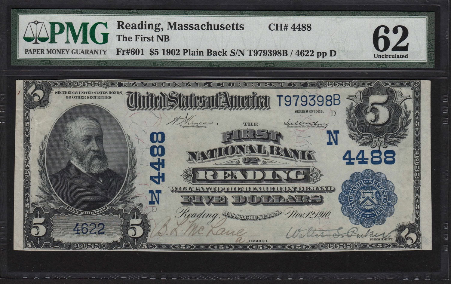 Fr. 601 Reading, Massachusetts 1902 $5 Plain Back Blue Seal The First ...