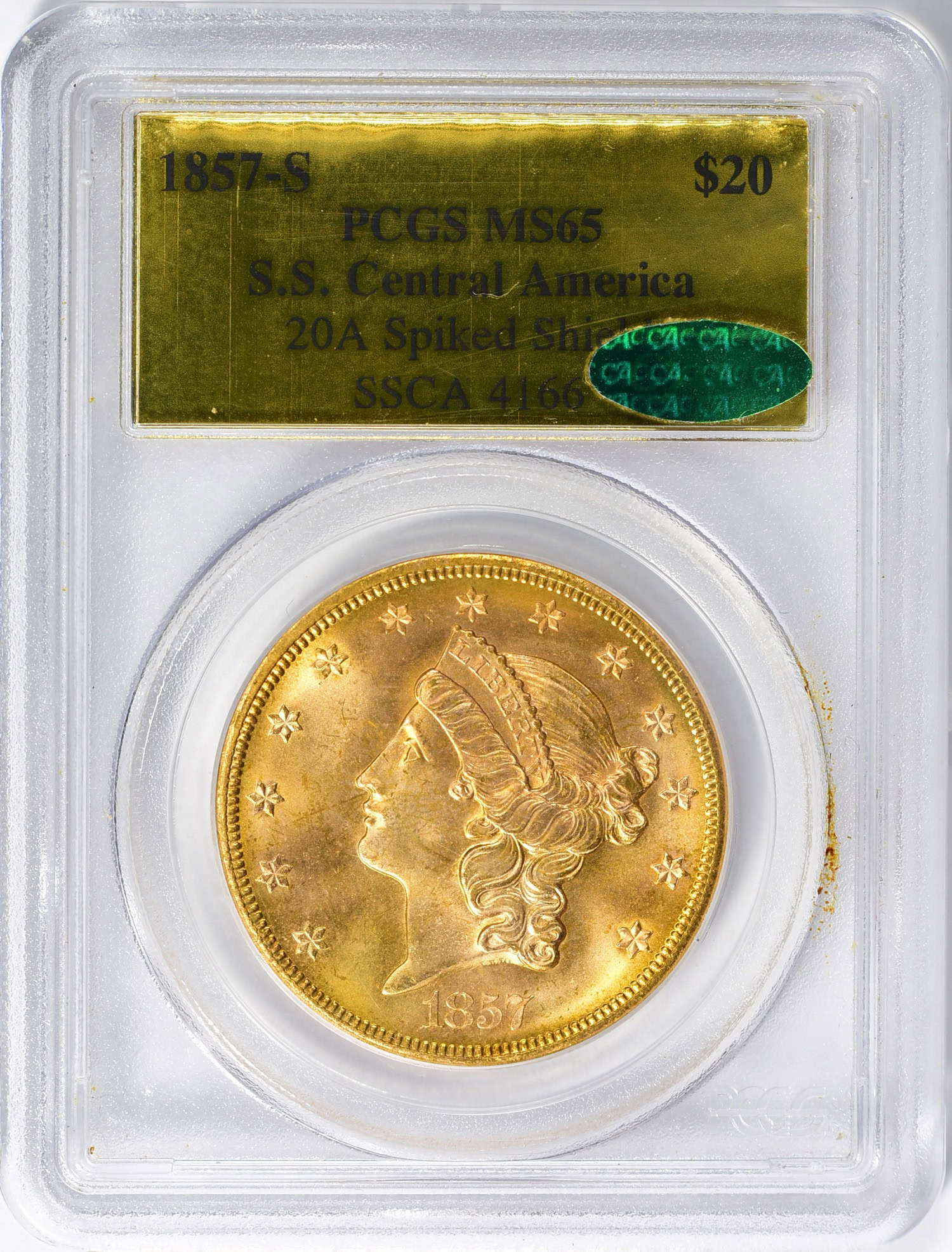 1857-S Liberty Gold Double Eagle Shipwreck S.S Central America 20A Spiked Shield PCGS MS-65 (CAC ...