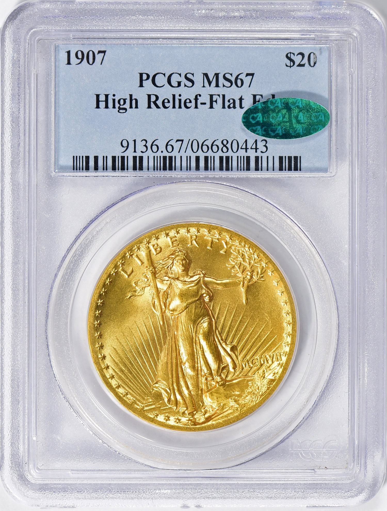 1907 Saint-Gaudens Gold Double Eagle MCMVII. High Relief, Flat Edge PCGS MS-67 (CAC Green) (Item ...