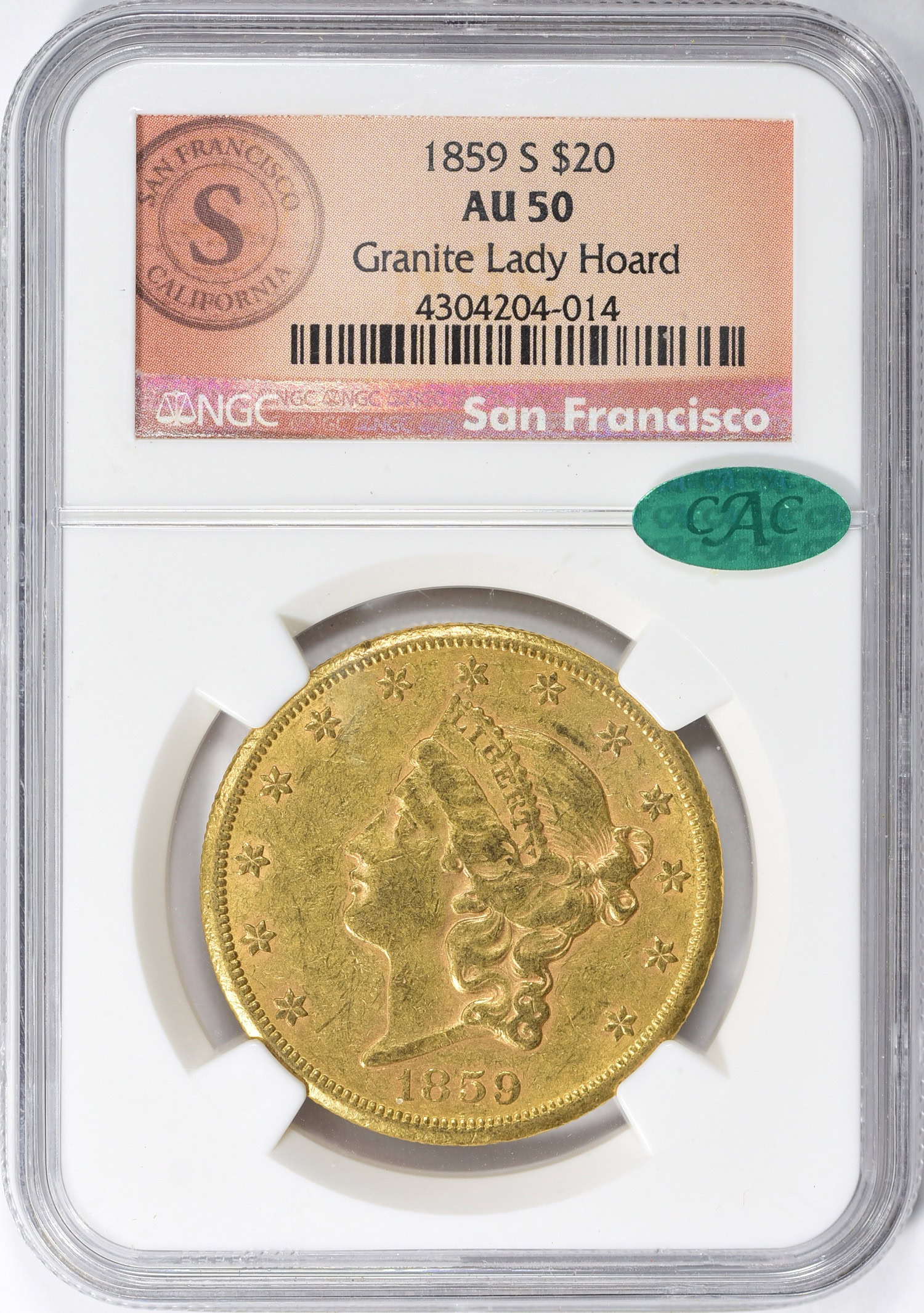 1859-S Liberty Gold Double Eagle NGC AU-50 (CAC Green) (Granite Lady ...