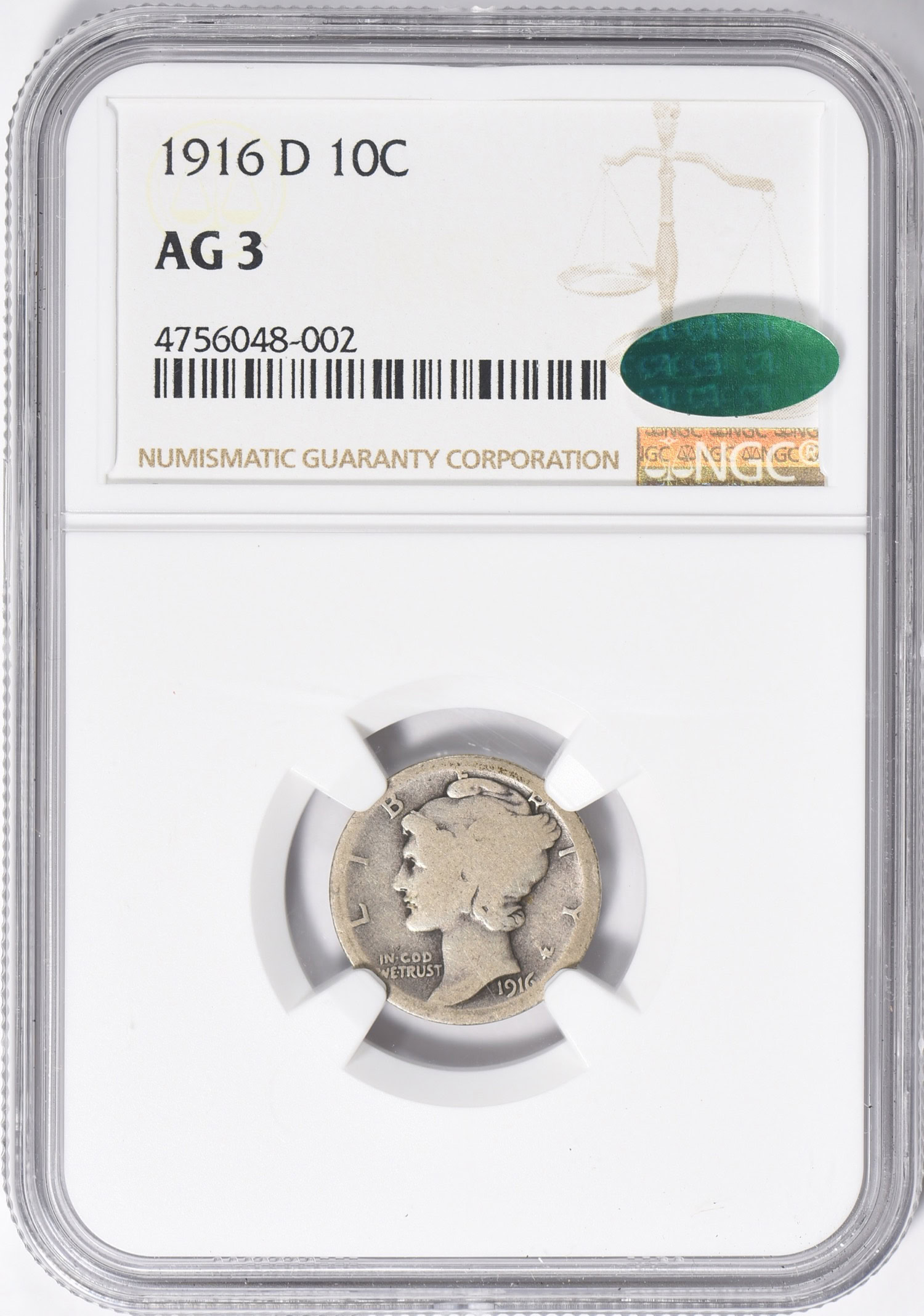 1916-D Mercury Dime NGC AG-03 (CAC Green) (Item 870974) | GreatCollections Coin Auctions