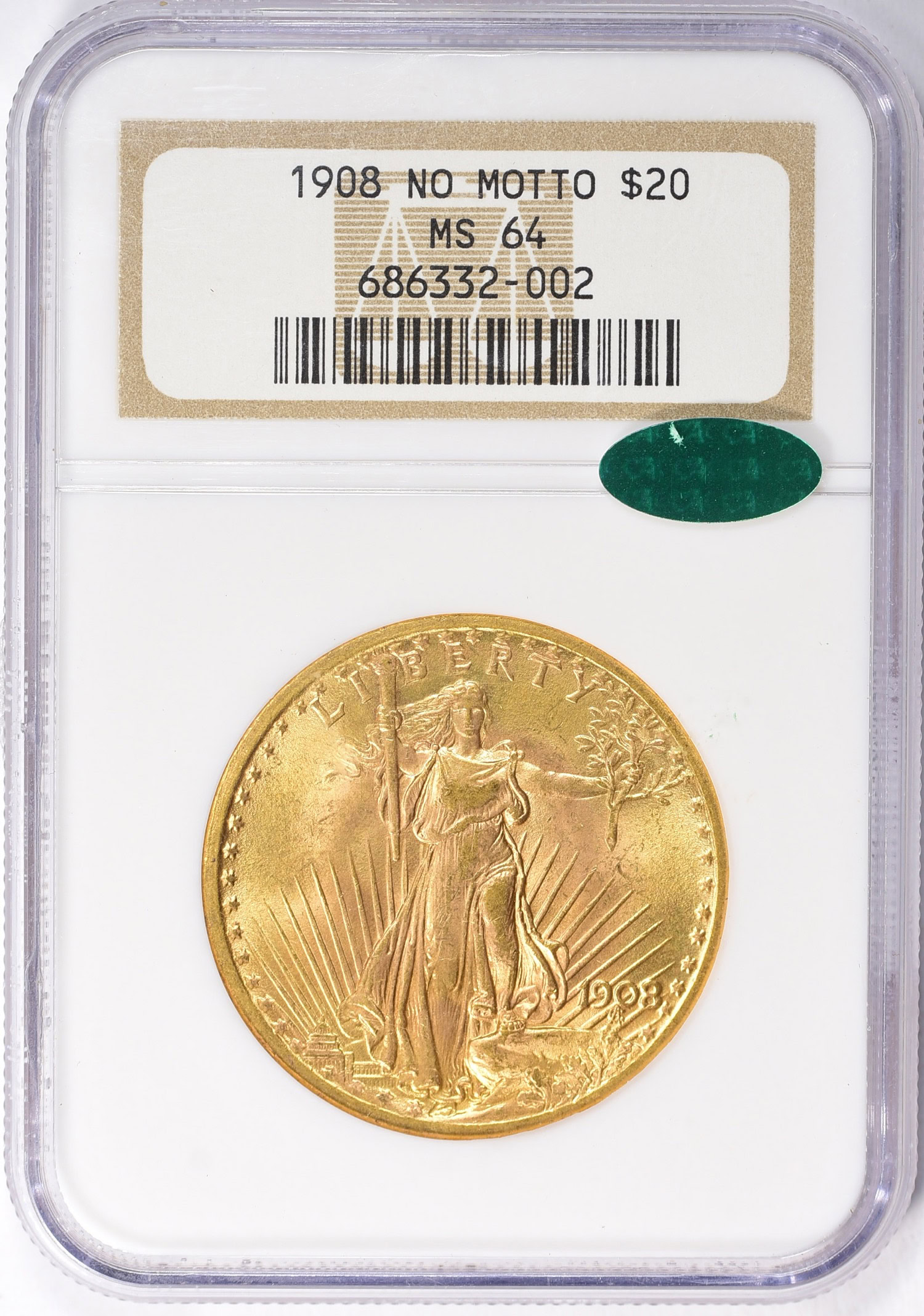 1908 Saint-Gaudens Gold Double Eagle No Motto NGC MS-64 (CAC Green ...