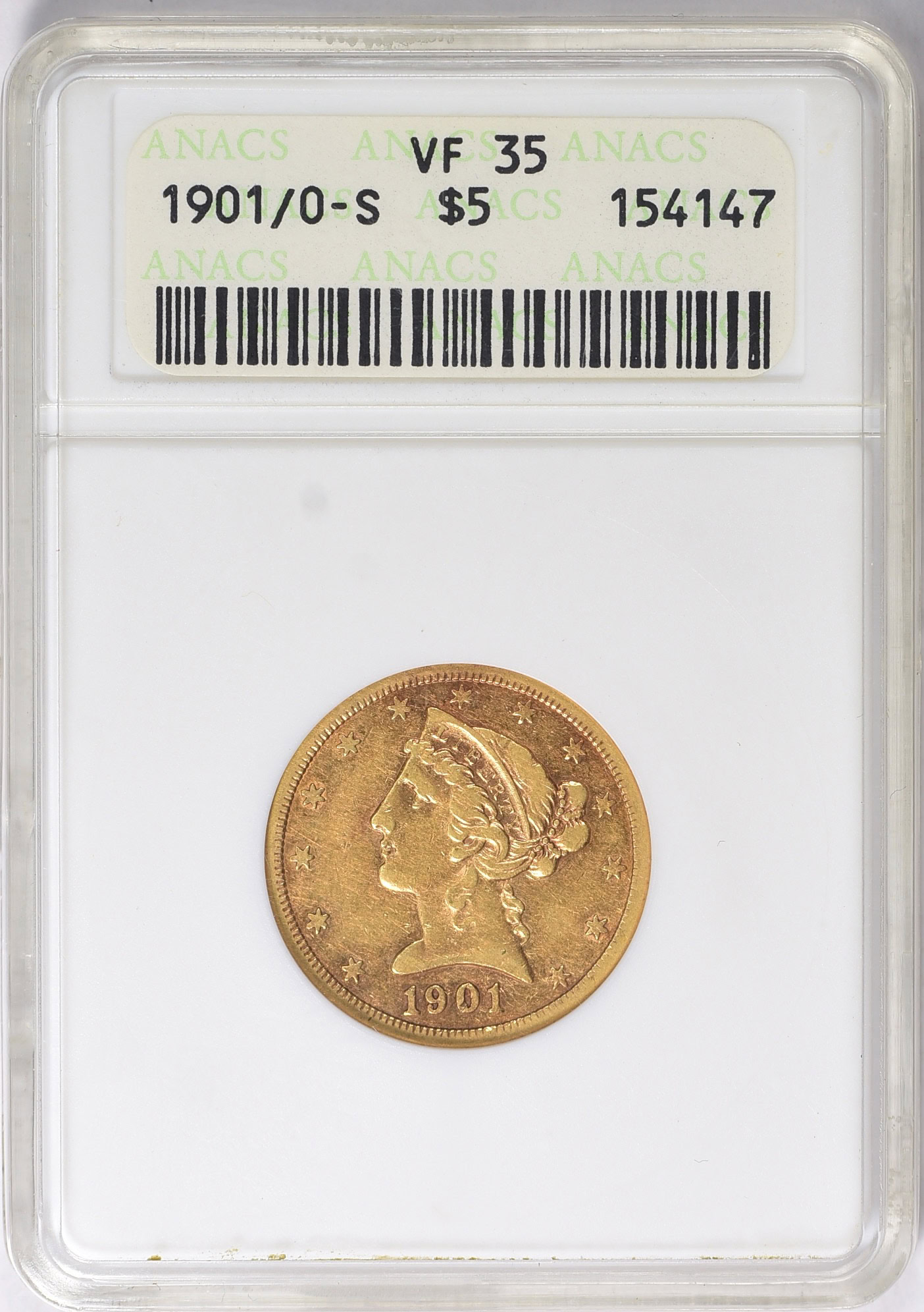 1901/0-S Liberty Gold Half Eagle ANACS VF-35 OH (Item 928637) | GreatCollections Coin Auctions