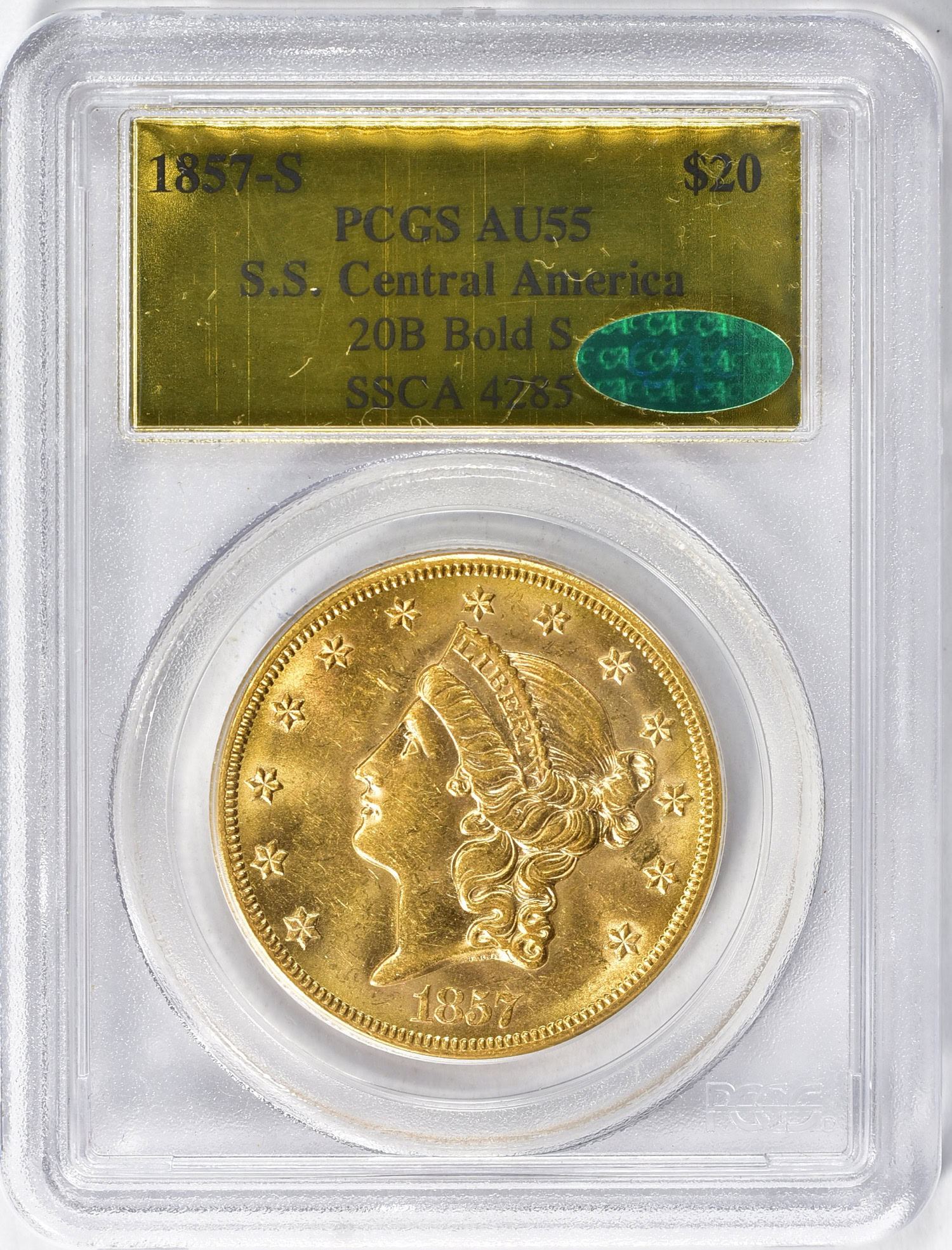 1857-S Liberty Gold Double Eagle Shipwreck S.S. Central America 20B Bold S PCGS AU-55 (CAC Green ...