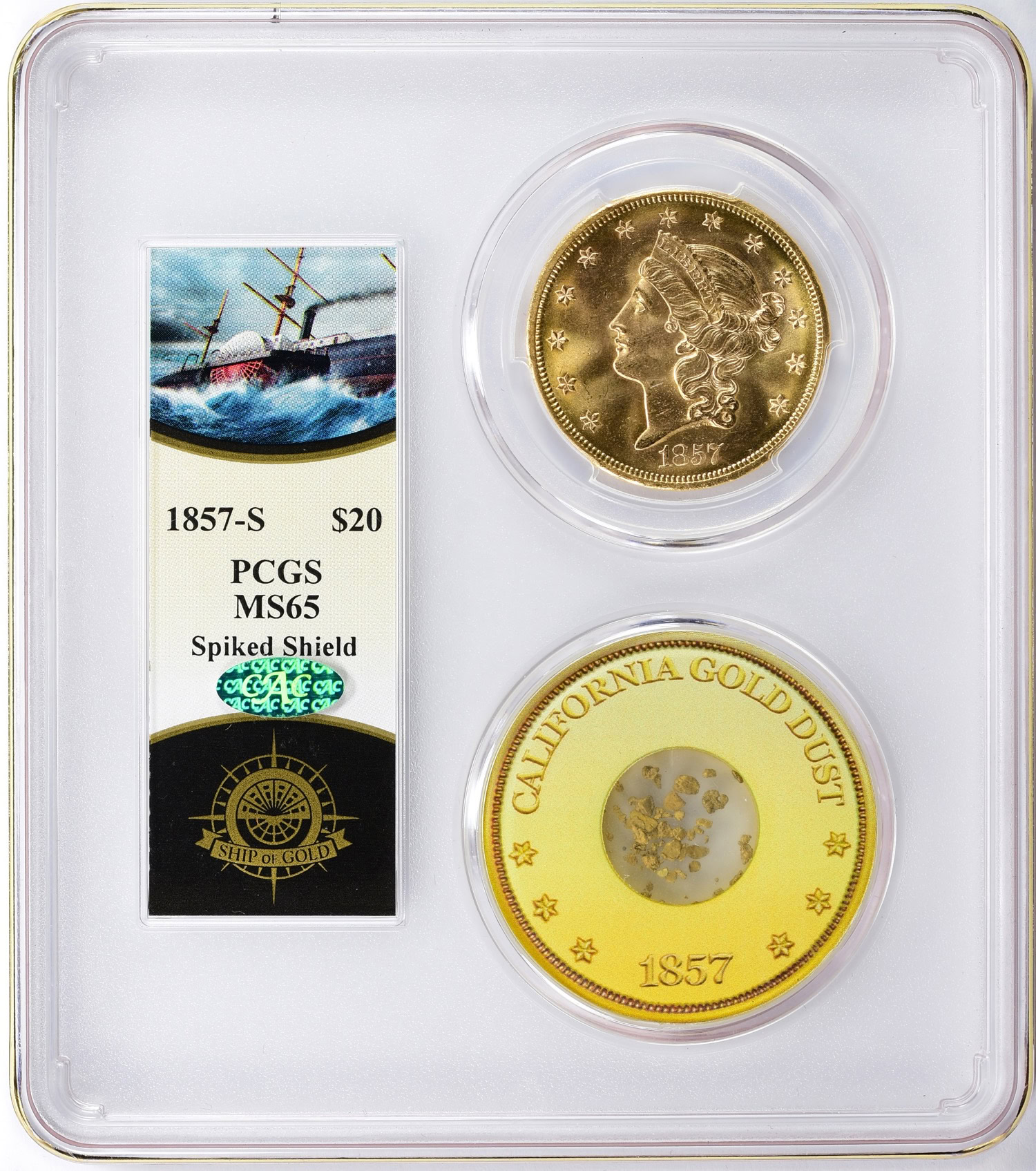 1857-S Liberty Gold Double Eagle Spiked Shield Shipwreck S.S. Central America PCGS MS-65 (CAC ...