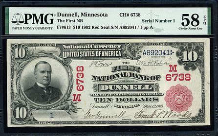 Fr. 613 Dunnell, Minnesota 1902 The First National Bank $10 Red Seal ...