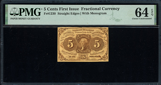 Fr. 1230 First Issue 5 Cents Fractional Currency Note Straight Edges ...