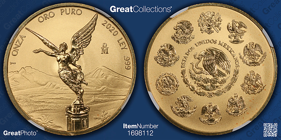 Mexico 2020-Mo Gold Onza Libertad Reverse Proof KM-675 NGC Proof-70 (AGW = 0.999 oz.) (Item ...