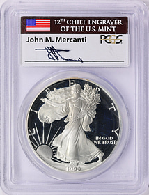 1990-S $1 Silver Eagle PCGS Proof-70 DCAM (Mercanti Signed Flag Label ...