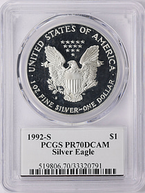 1992-S $1 Silver Eagle PCGS Proof-70 DCAM (Mercanti Signed Flag Label ...