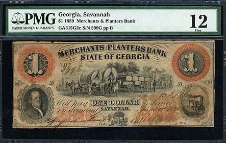 1859 Savannah, Georgia Merchants & Planters Bank $1 Note PMG Fine 12 ...