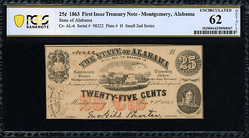 1863 Montgomery, Alabama State of Alabama 25 Cents Note PCGS Banknote ...