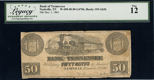 1861 Nashville, Tennessee Bank of Tennessee 50 Cents Note Legacy Fine ...