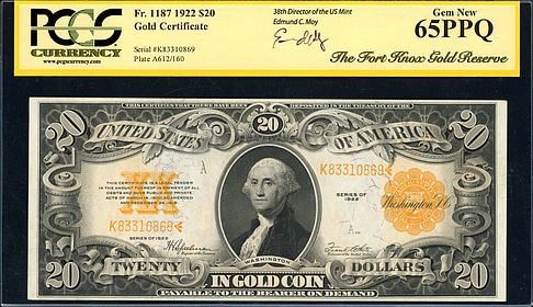 Fr. 1187 1922 $20 Gold Certificate Note Speelman / White PCGS Currency ...