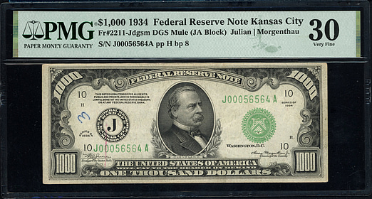 Fr. 2211-Jdgsm Dark Green (JA Block) 1934 $1,000 Kansas City Federal ...