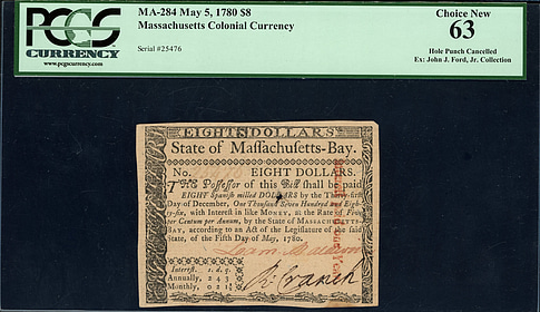 Fr. MA-284 May 5, 1780 $8 Massachusetts Colonial Note PCGS Currency ...