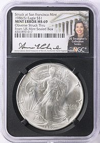 Mint Error 1986-(S) $1 Silver Eagle Struck at San Francisco Obverse Struck Thru NGC MS-69 (Anna ...