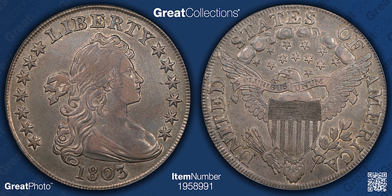 1803 Draped Bust Silver Dollar BB-255 Large 3 PCGS AU-50 (The Peh ...