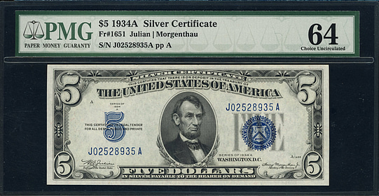 Fr. 1651 (JA Block) 1934A $5 Silver Certificate Note Julian ...