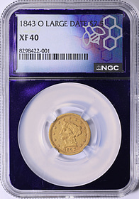 1843-O Liberty Gold Quarter Eagle Large Date, Plain 4 NGC XF-40 (Purple Bee Frame Holder) (Item ...