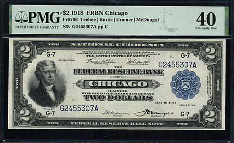 Fr. 766 1918 $2 Chicago Federal Reserve Bank Note Teehee / Burke / Cramer / McDougal PMG ...