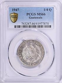 Guatemala 1947 Siver 1/4 Quetzal KM-243.2 PCGS MS-66 (Item 2006654 ...